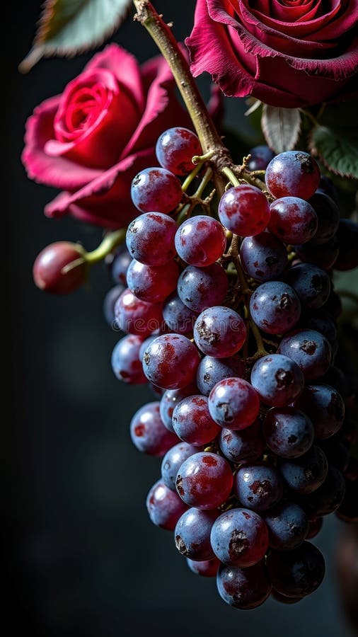 Vibrant Red Roses with Luscious Grapes in Natural Light Close-up Stock ...