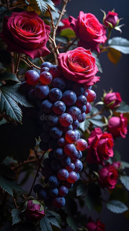 Vibrant Red Roses and Plump Grapes Entwined in Lush Foliage Stock Image ...