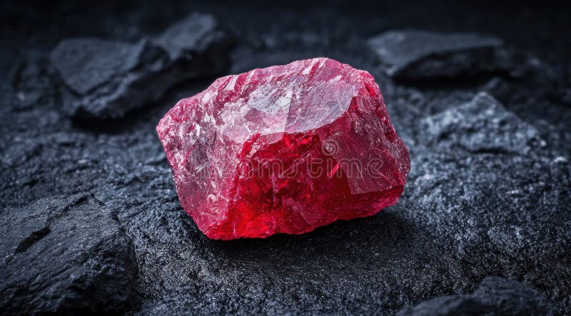 Vibrant Red Ruby Crystal on Dark Rocks Stock Illustration ...