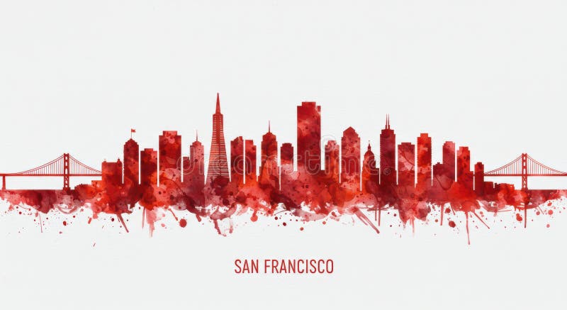 Vibrant Red San Francisco Skyline Silhouette with Artistic Splash ...