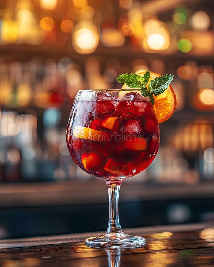 Refreshing Red Sangria in a Glass with Fruit Garnish at a Trendy Bar ...
