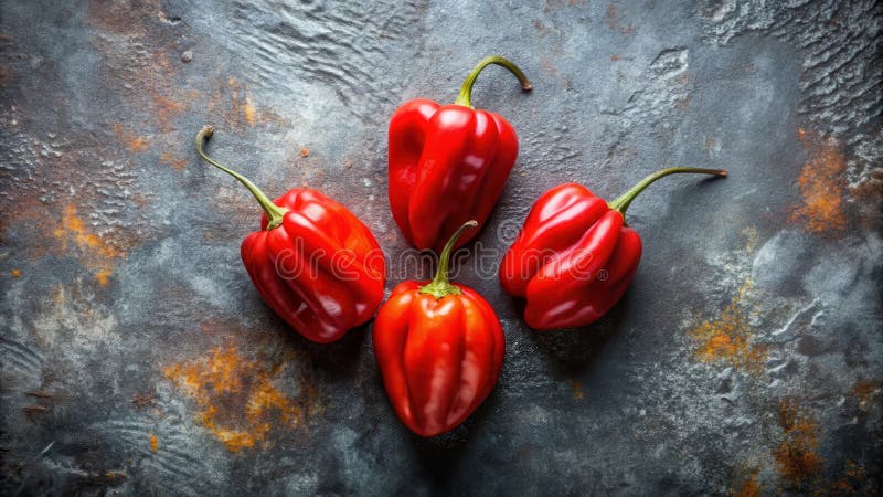 Vibrant Red Scotch Bonnet Peppers Arranged on a Rustic Dark Surface ...
