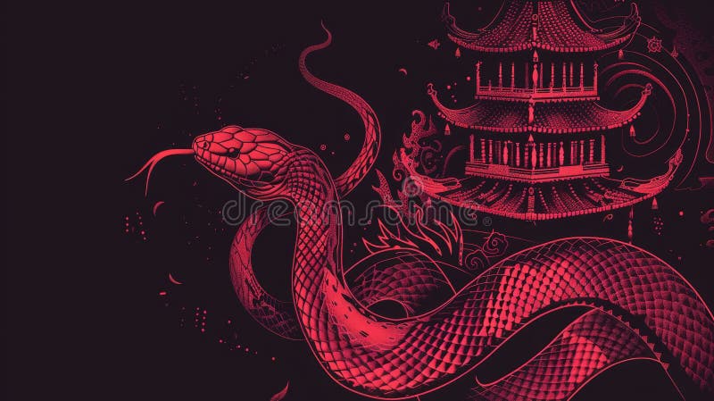 Vibrant Red Serpent Illustration with Traditional Pagoda Background ...