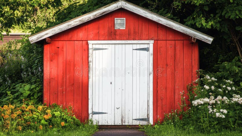 Vibrant Red Shed with White Doors Surrounded by Lush Greenery Stock ...
