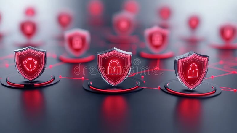 Vibrant Red Shield Icons Interconnected in a Glowing Web of Cybersecurity Systems, Representing ...