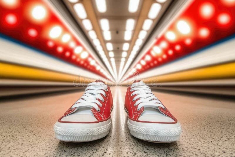 Vibrant Red Sneakers in Dynamic Subway Tunnel with Blurred Lights Stock ...