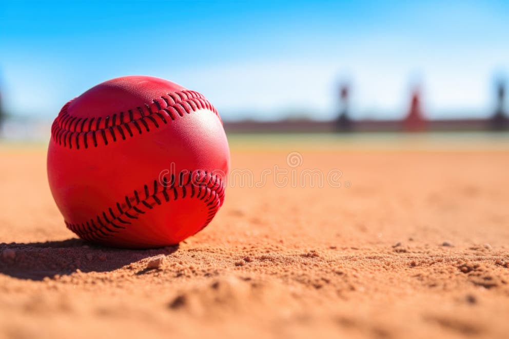 Vibrant Red Softball on the Sandy Texture of a Baseball Field Stock ...