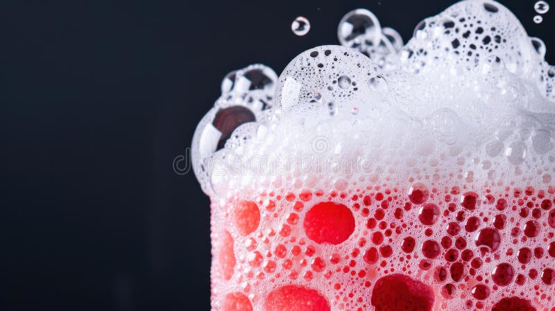 Vibrant Red Sponge and Soap Foam with Bubbles Isolated on a Black ...