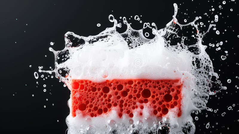 Vibrant Red Sponge and Soap Foam with Bubbles Isolated on a Black ...
