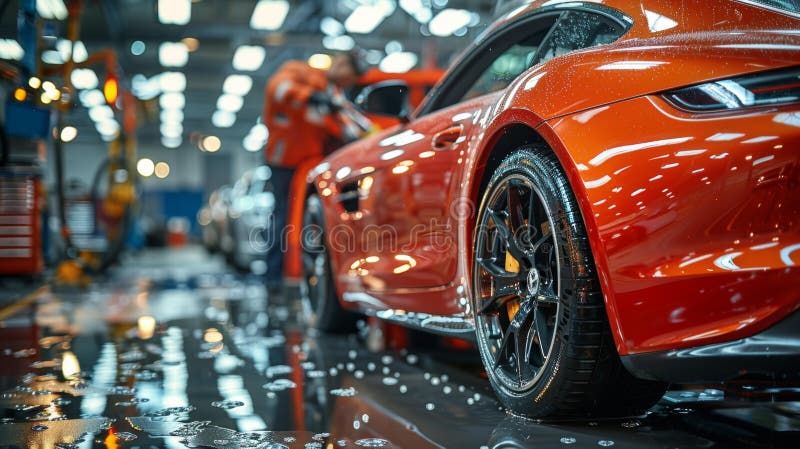 Vibrant Red Sports Car in a Modern Auto Workshop - Generative AI Stock ...