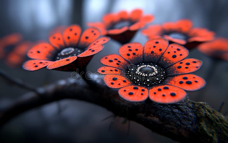 Vibrant Red Spotted Flowers in a Mystical Forest Setting Stock Image ...