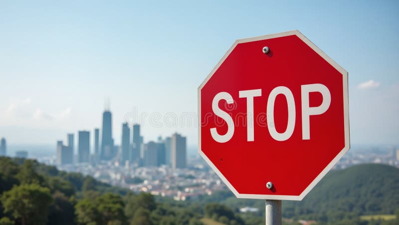 Vibrant Red Stop Sign Against Urban Skyline Backdrop Stock Illustration ...