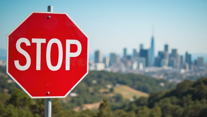 Vibrant Red Stop Sign Against Urban Skyline Backdrop Stock Illustration ...