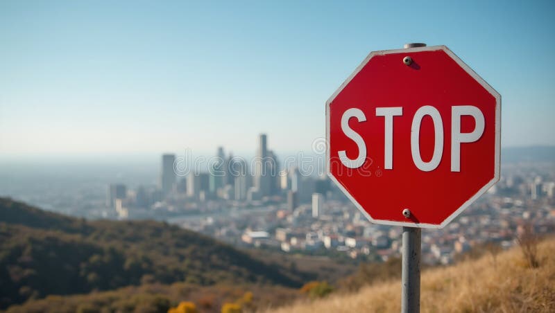 Vibrant Red Stop Sign Against Urban Skyline Backdrop Stock Illustration ...