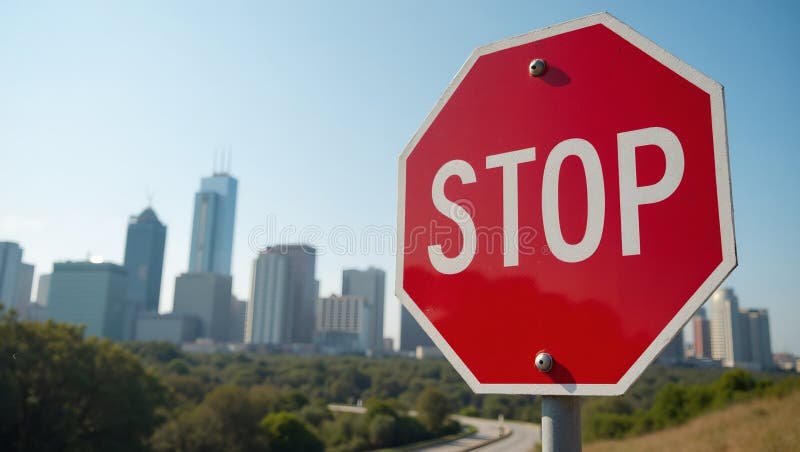 Vibrant Red Stop Sign Against Urban Skyline Backdrop Stock Illustration ...