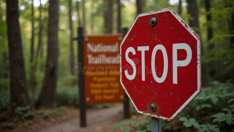Vibrant Red Stop Sign with Reflective STOP Text at Forest Trail ...