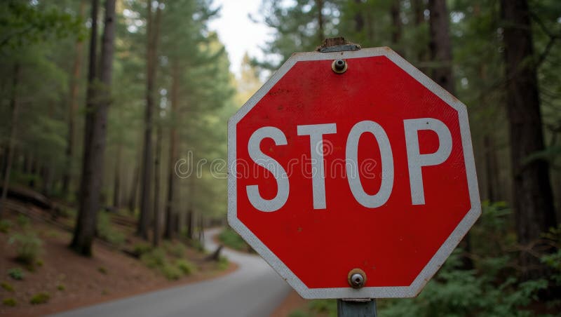 Vibrant Red Stop Sign with Reflective STOP Text at Forest Trail ...