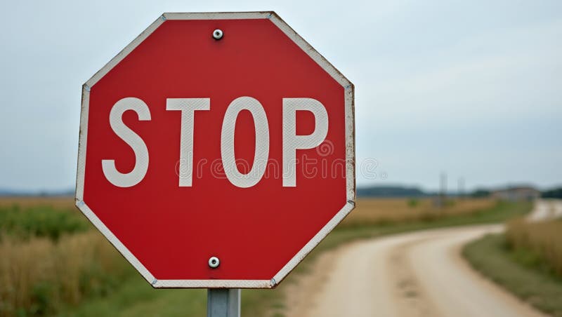 Vibrant Red STOP Sign at Rural Intersection with Dirt Road Stock ...
