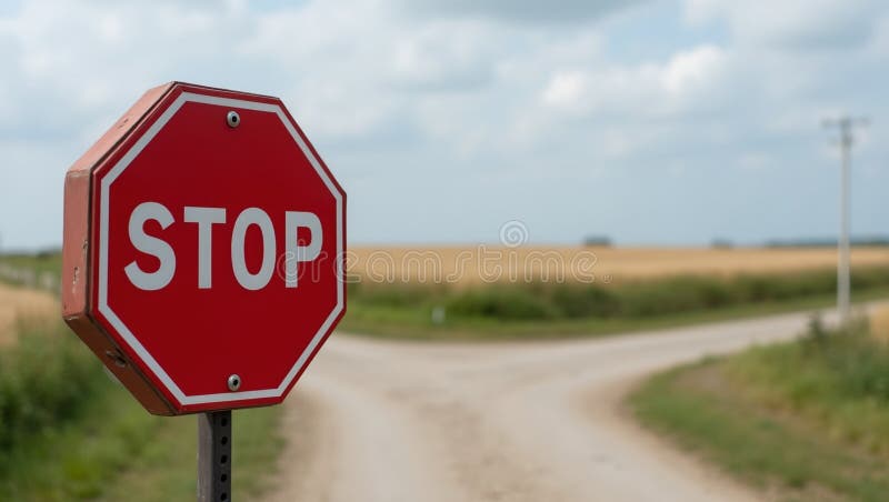 Vibrant Red STOP Sign at Rural Intersection with Dirt Road Stock ...