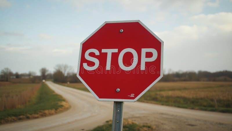 Vibrant Red STOP Sign at Rural Intersection with Dirt Road Stock ...