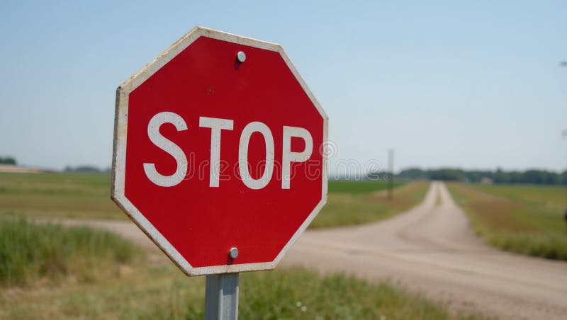 Vibrant Red STOP Sign at Rural Intersection with Dirt Road Stock ...