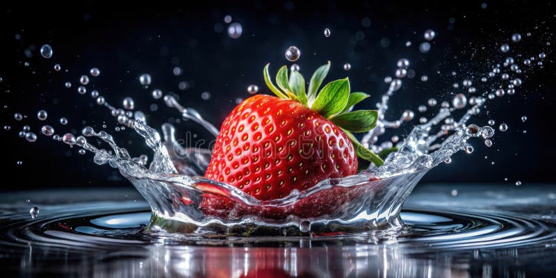 A Vibrant Red Strawberry Creates a Dynamic Splash in a Dark Liquid ...