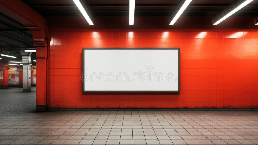 Vibrant Red Subway Station Interior Featuring an Empty White Billboard ...