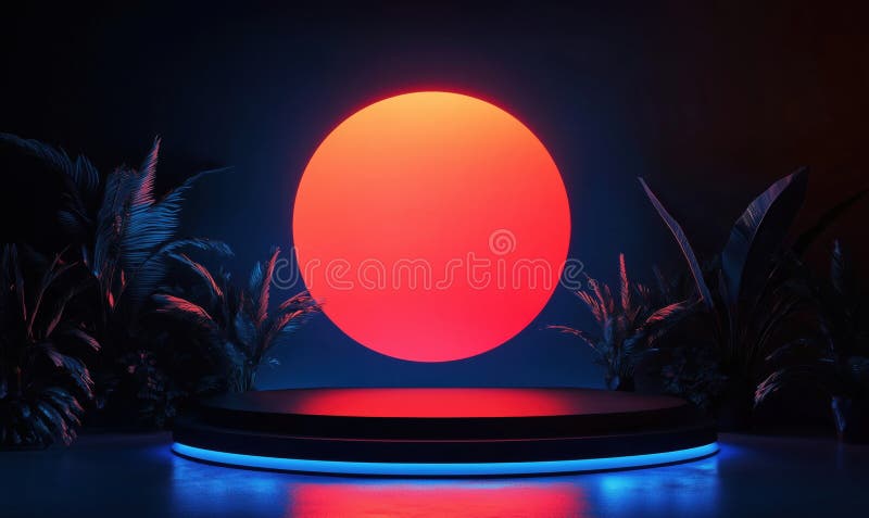 Vibrant Red Sun Backdrop with Illuminated Stage and Tropical Foliage ...