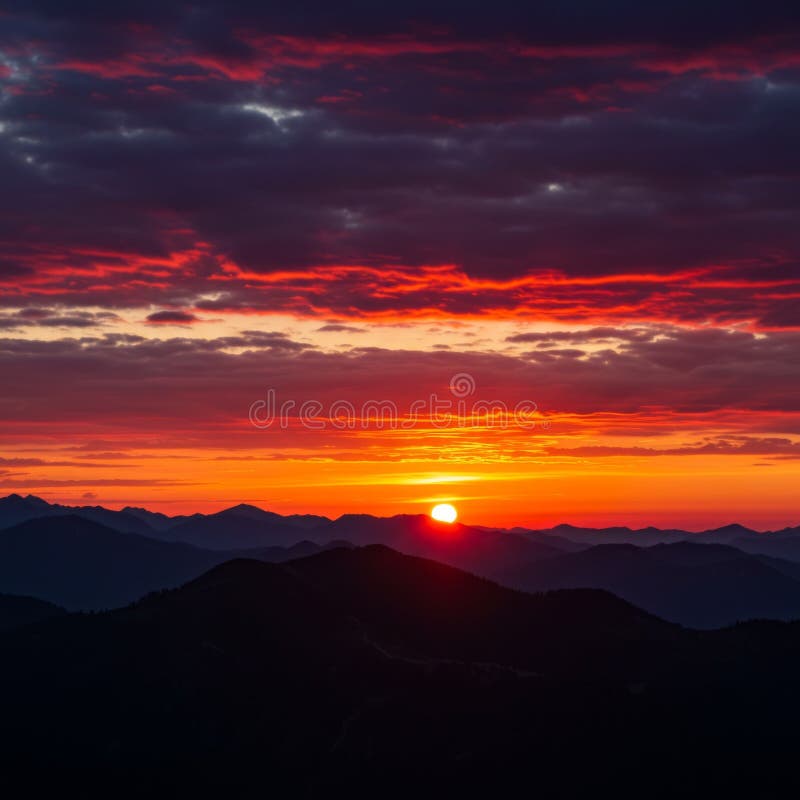 Vibrant Red Sunrise Over Silhouetted Mountains Stock Illustration ...