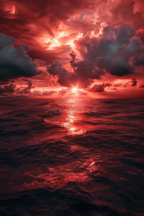 A Vibrant Red Sunset Over the Calm Ocean with Fluffy White Clouds Stock ...
