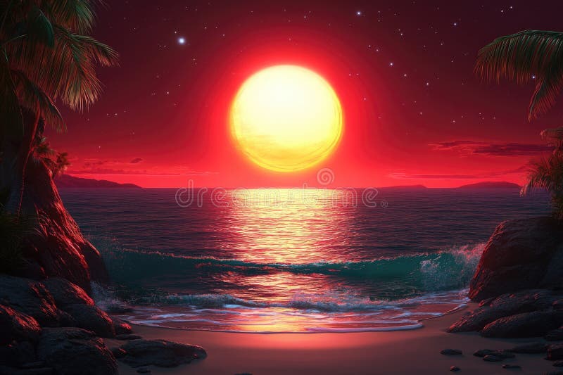 Vibrant Red Sunset Over Tropical Beach with Palms and Starry Sky ...