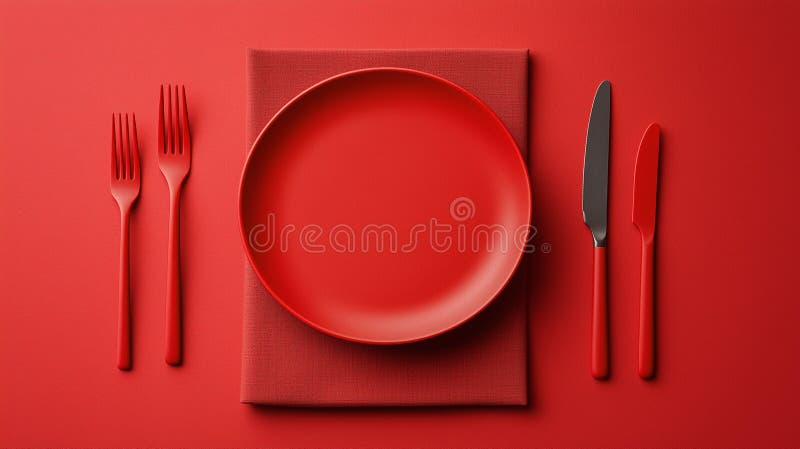 Vibrant Red Table Setting Featuring Plate, Knife, Fork, and Napkin ...