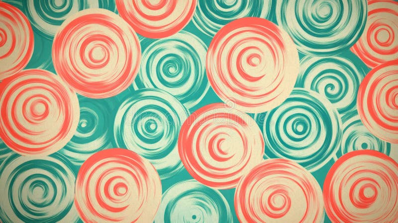 Vibrant Red and Teal Abstract Swirl Pattern on Beige Background with Concentric Circles in ...