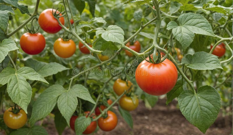 Vibrant Red Tomato on Vine with Lush Green Foliage Stock Illustration ...