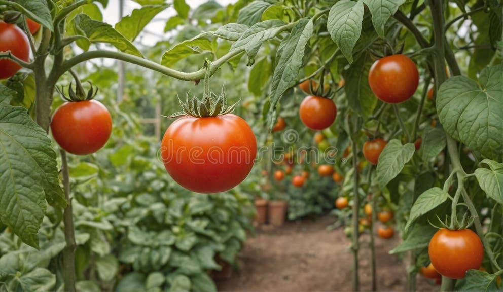 Vibrant Red Tomato on Vine with Lush Green Foliage Stock Illustration ...
