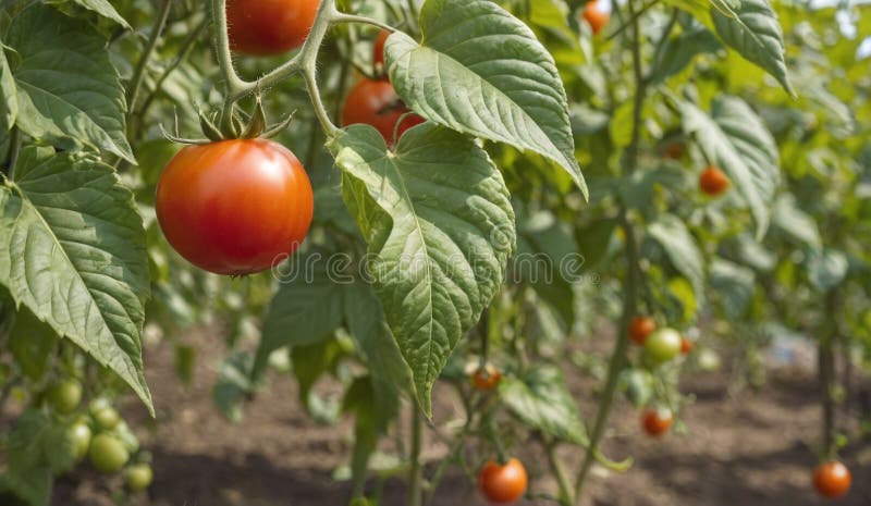 Vibrant Red Tomato on Vine with Lush Green Foliage Stock Illustration ...