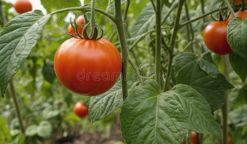 Vibrant Red Tomato on Vine with Lush Green Foliage Stock Illustration ...