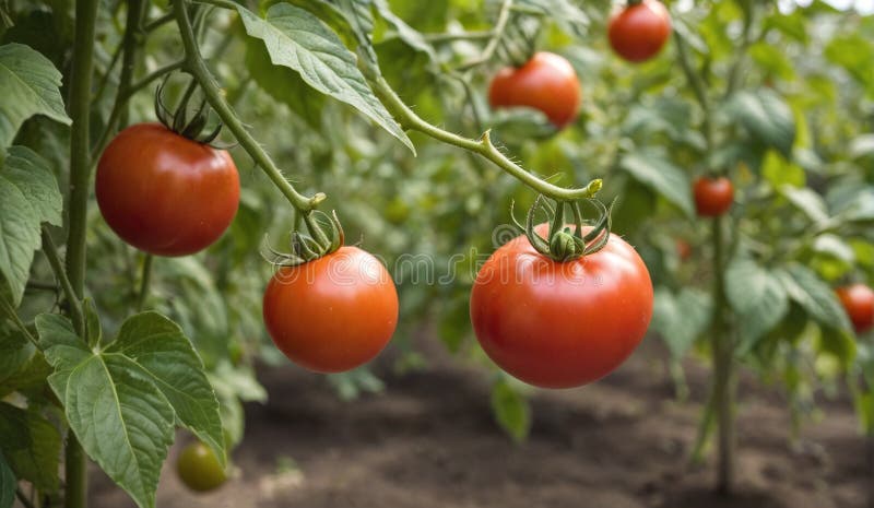 Vibrant Red Tomato on Vine with Lush Green Foliage Stock Illustration ...