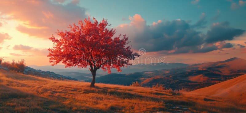 Vibrant Red Tree Against Stunning Sunset Landscape with Rolling Hills ...