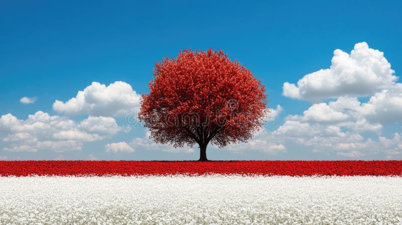 Vibrant Red Tree in a Field of White Flowers Under a Blue Sky with ...