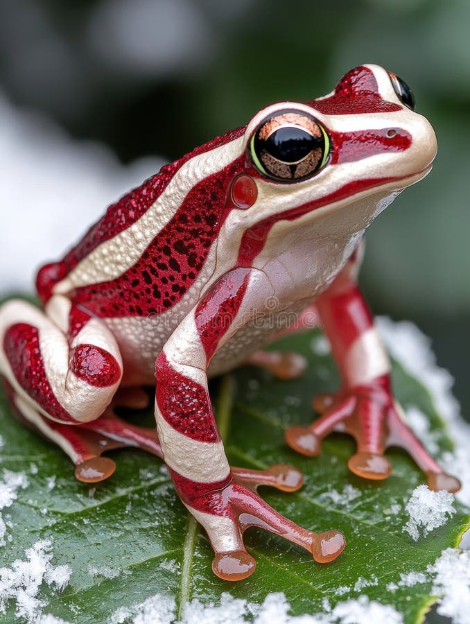 Vibrant Red Tree Frog on Leaf with Snow Stock Illustration ...