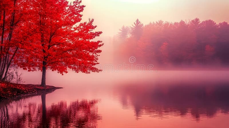 Vibrant Red Tree Reflects in Still Lake Stock Illustration ...