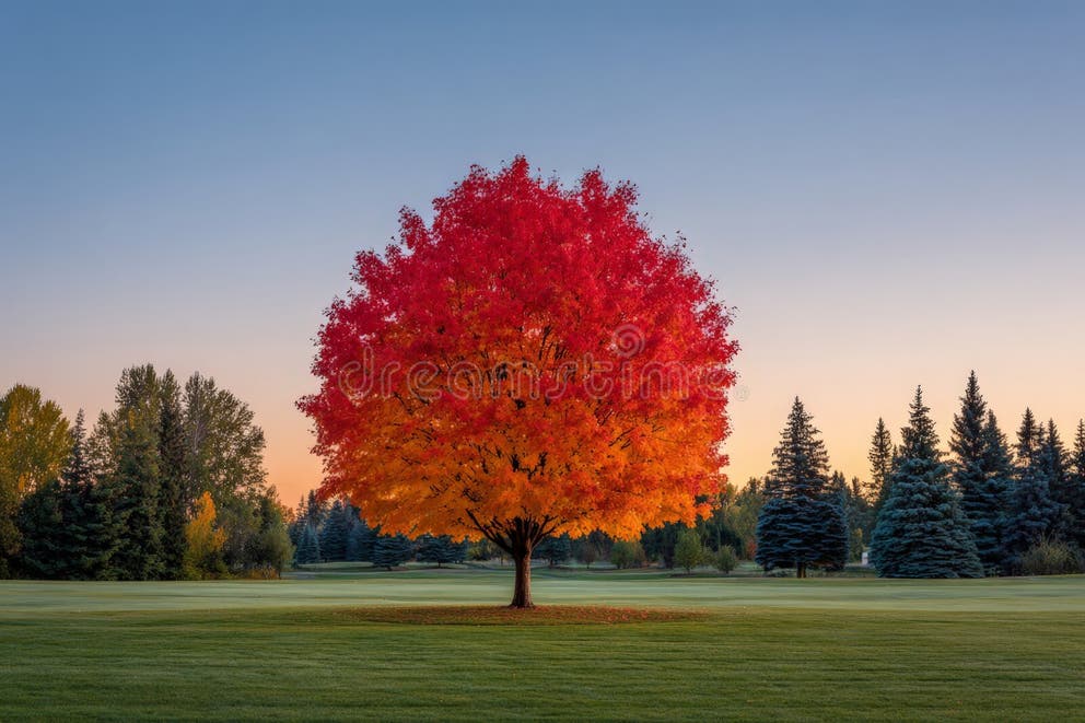 Vibrant Red Tree in Serene Parkland at Sunset Stock Photo - Image of ...