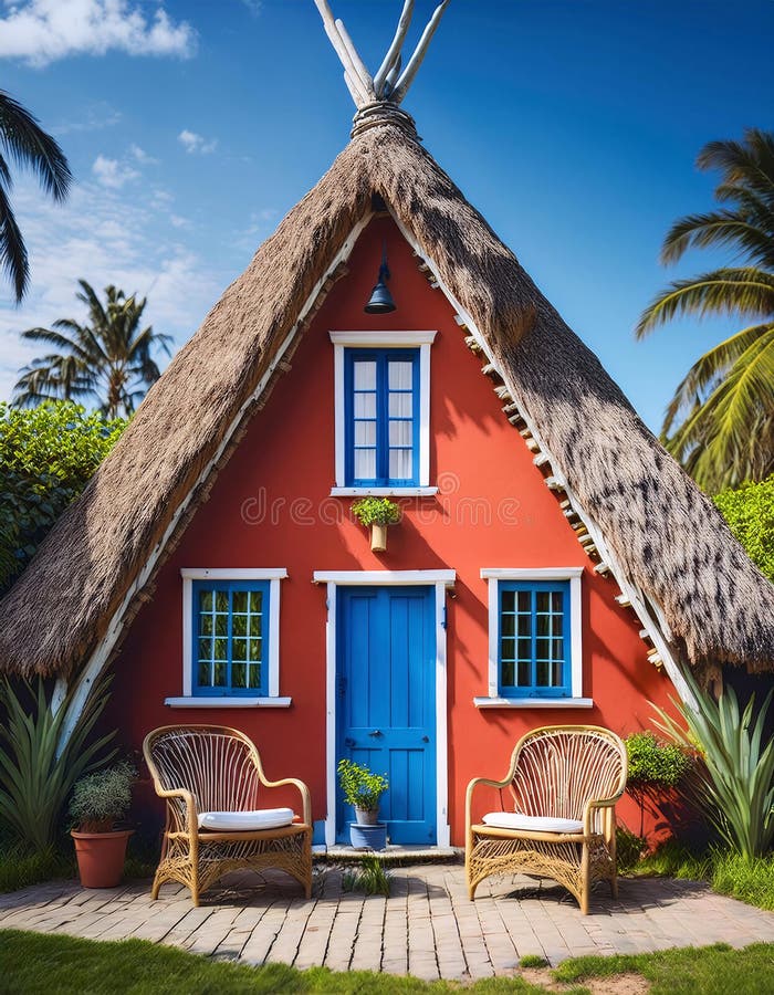 Vibrant Red Triangular House with a Thatched Roof Under Clear Blue Sky ... Vibrant Red Triangular House with a Thatched Roof Under Clear Blue Sky ...