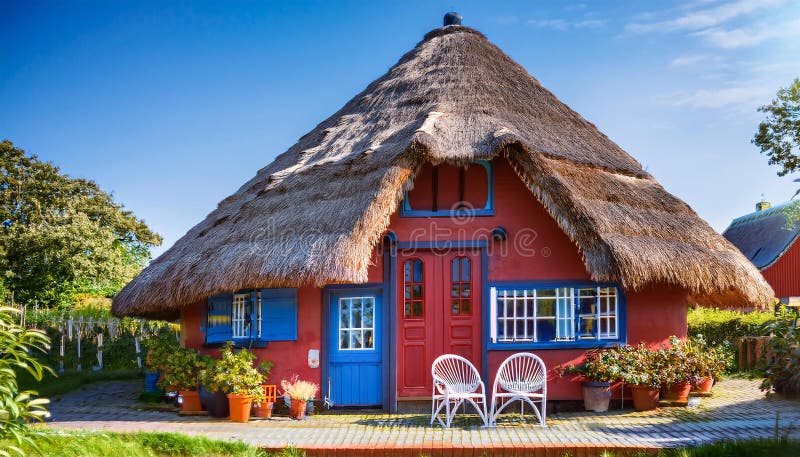 Vibrant Red Triangular House with a Thatched Roof Under Clear Blue Sky ... Vibrant Red Triangular House with a Thatched Roof Under Clear Blue Sky ...