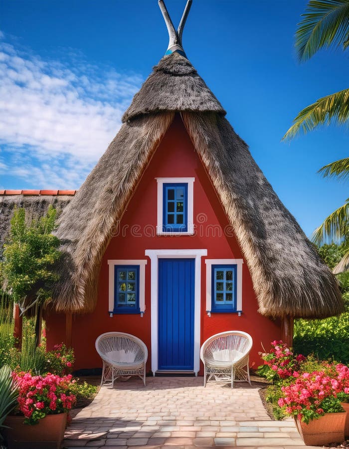 Vibrant Red Triangular House with a Thatched Roof Under Clear Blue Sky ... Vibrant Red Triangular House with a Thatched Roof Under Clear Blue Sky ...