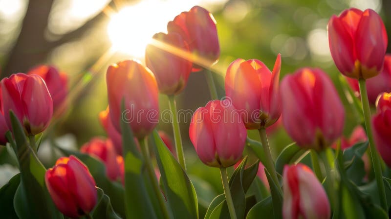 Vibrant Red Tulips Basking in Golden Sunset Light Stock Photo - Image ...