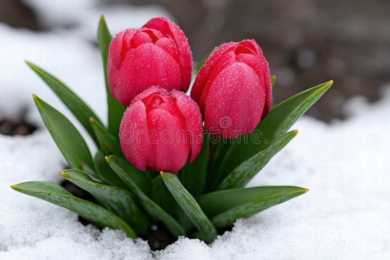 Vibrant Red Tulips Blooming in the Snow Stock Illustration ...