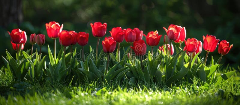 Group of Red Tulips in Grass Stock Photo - Image of spring, environment ...