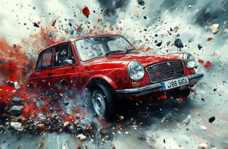 A Classic Red Car Bursts through a Dynamic Explosion of Debris ...